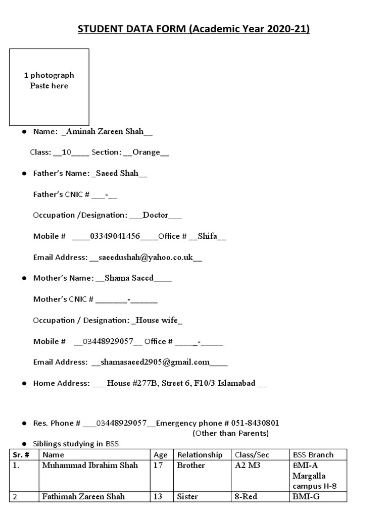 Student Information Form for Aminah Zareen Shah of Class 10 Orange at ...