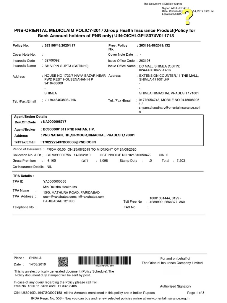 PNB-ORIENTAL MEDICLAIM POLICY-2017:Group Health Insurance Product ...