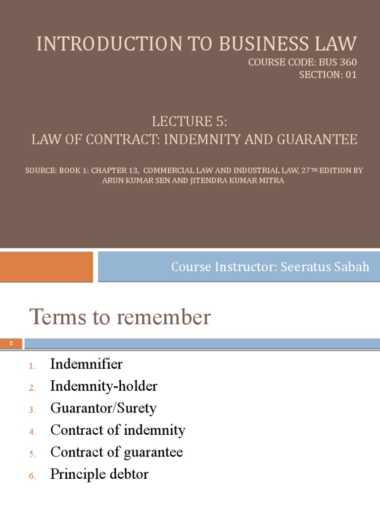 Introduction To Business Law: Law of Contract: Indemnity and Guarantee ...