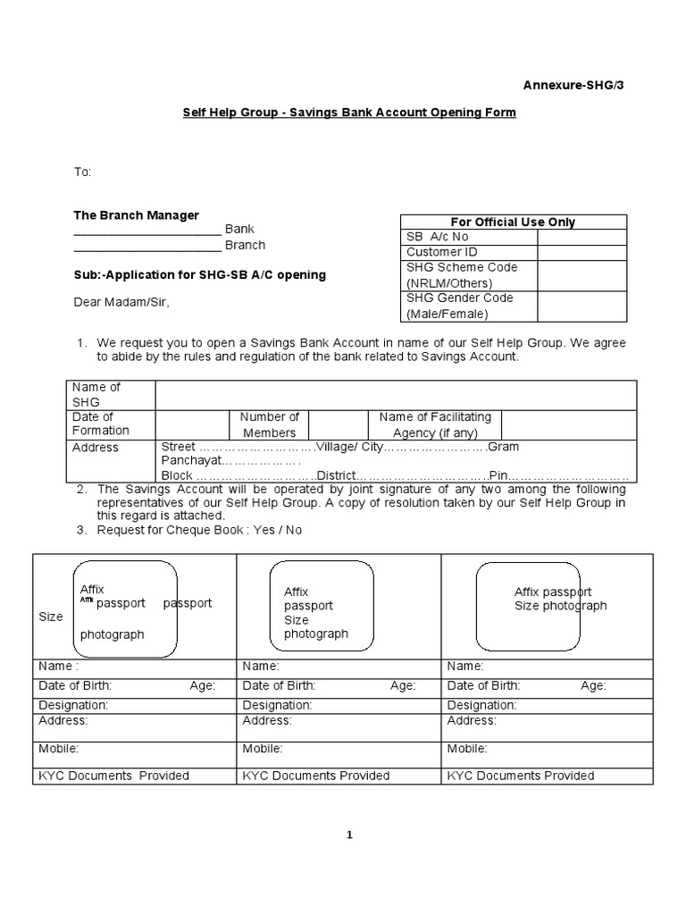 Annexure-SHG/3 Self Help Group - Savings Bank Account Opening Form ...
