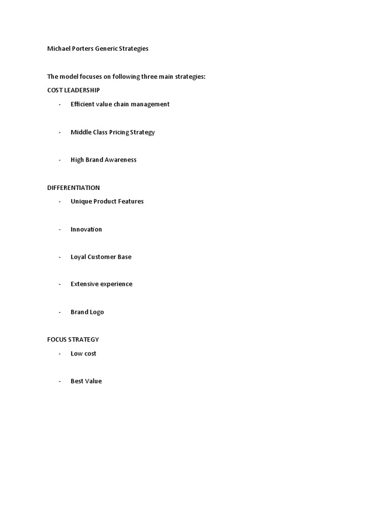 Michael Porters Generic Strategies Pointers | PDF