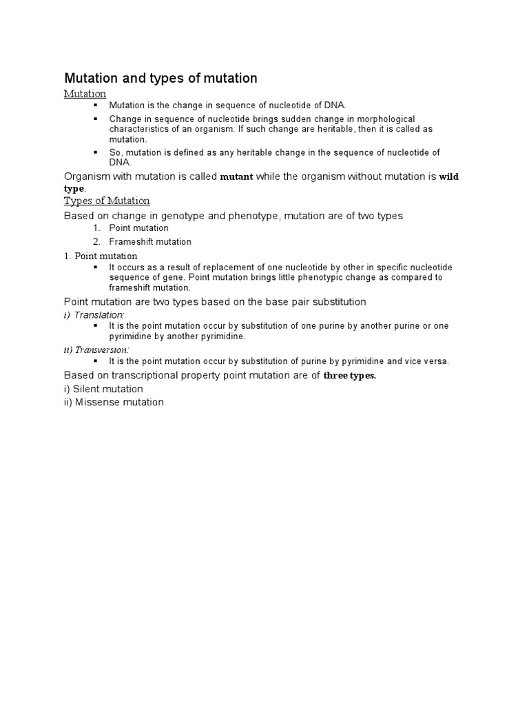 Mutation and Types of Mutation | PDF | Point Mutation | Genetic Code