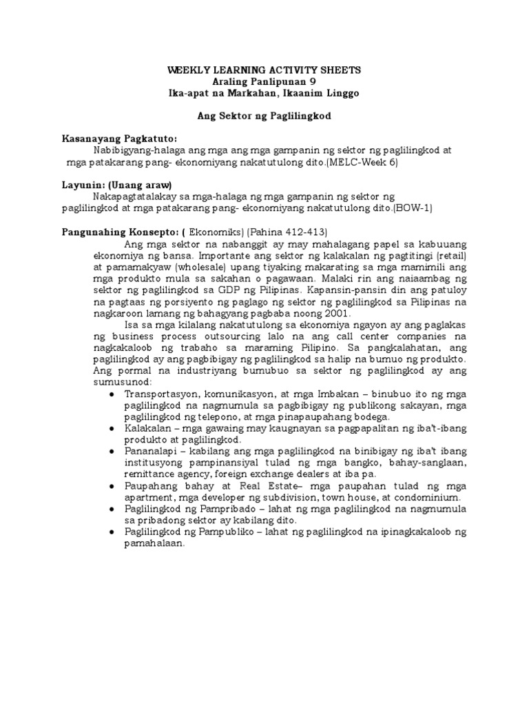 Weekly Learning Activity Sheets 62 | PDF