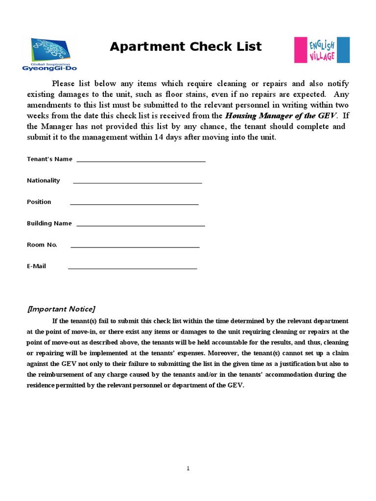 Apartment Check List: Tenant's Name Nationality Position Building Name ...