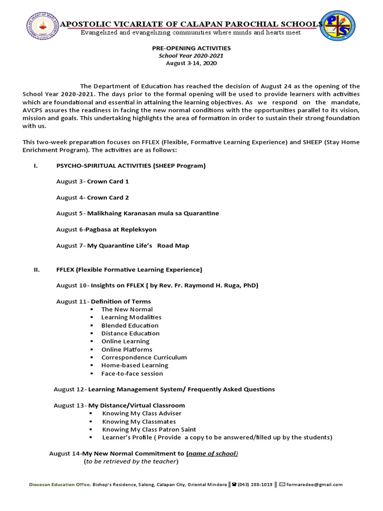 Pre-Opening Activities FINAL | PDF | Distance Education | Human Nature