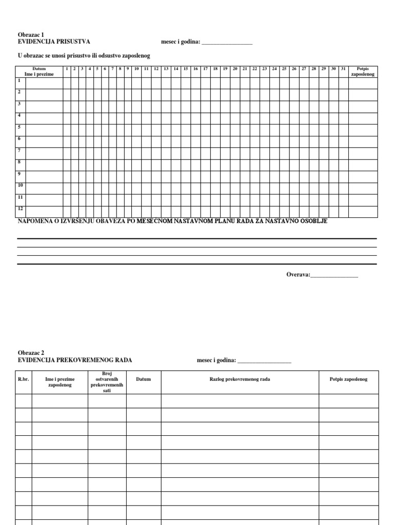 Obrazac 1 I 2 Evidencija Zaposlenih | PDF