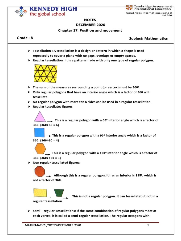 Notes December 2020 Chapter 17: Position and Movement Grade: 8 Subject ...