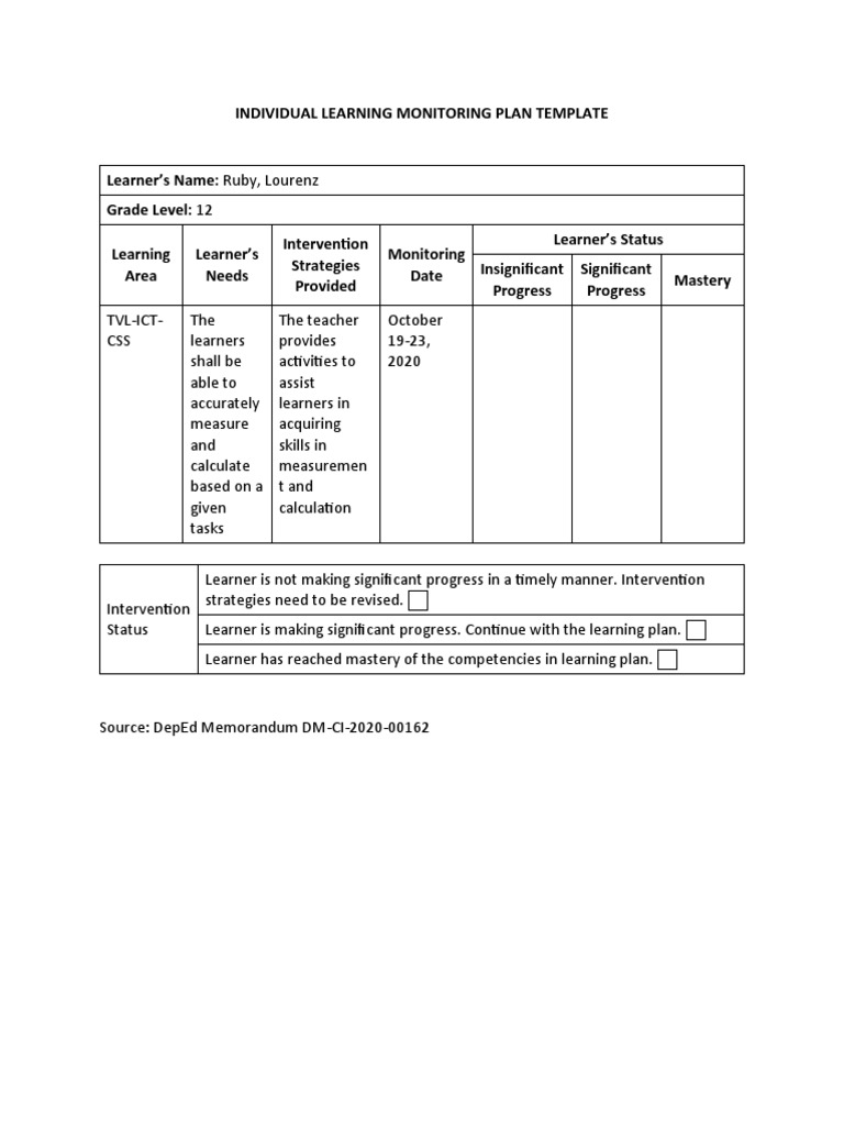 Individual Learning Monitoring Plan Template | PDF