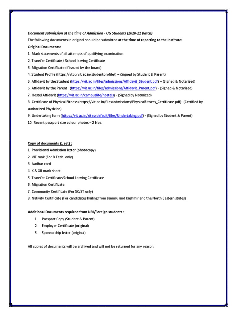 Document Submission at The Time of Admission | PDF