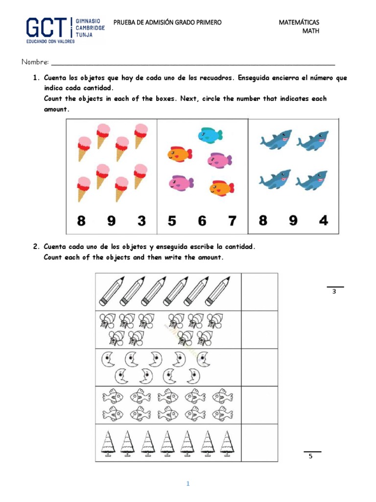 Prueba de Matemáticas para Primer Grado | PDF | Enseñanza de matemática ...