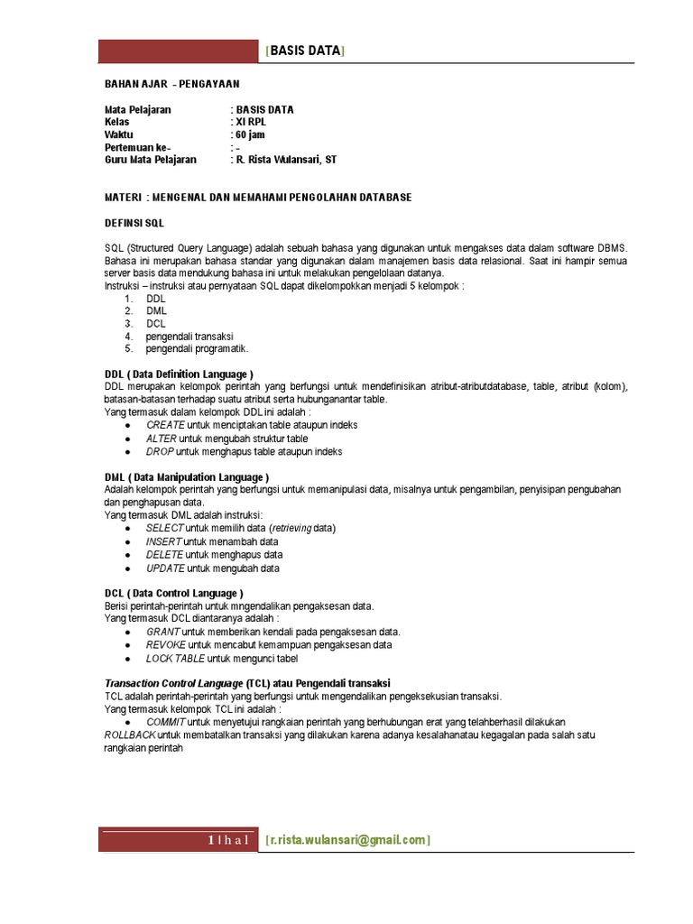 Rangkuman Materi Basis Data s1 - 2 Di Kelas Xi RPL | PDF