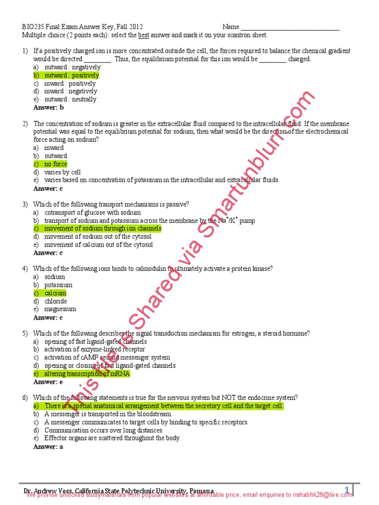 Bio 235 F 12 Final Exam Answers | PDF