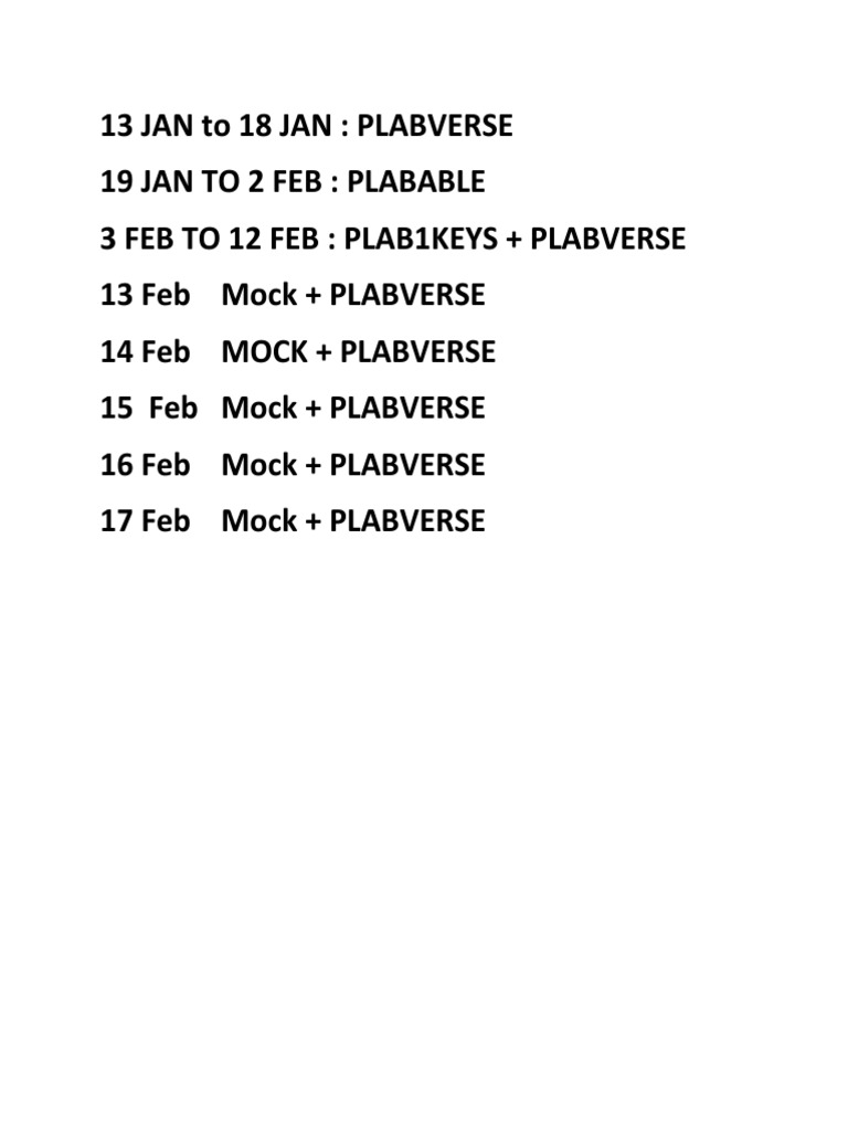 PLAB Study Plan | PDF | Cooking, Food & Wine | Language Arts & Discipline