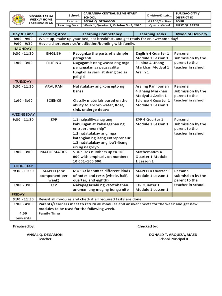 Day & Time Learning Area Learning Competency Learning Tasks Mode of ...