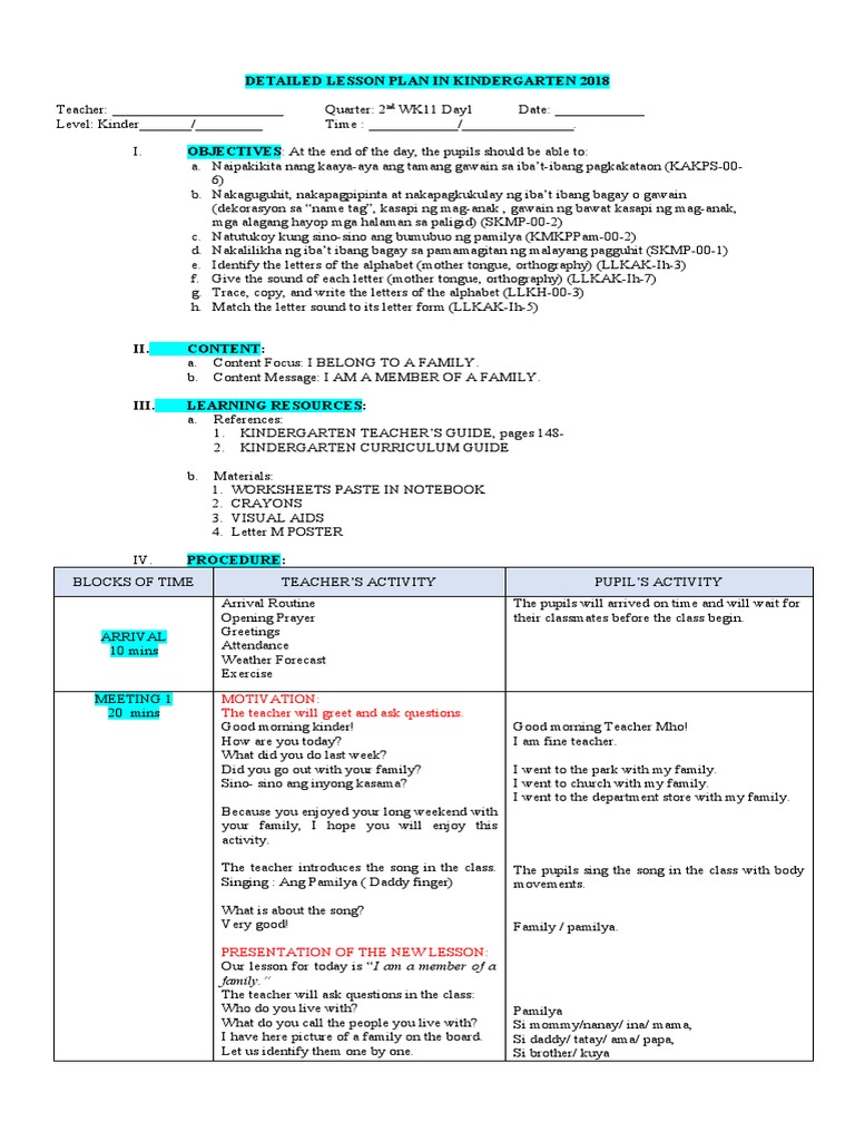 Detailed Lesson Plan in Kindergarten 2018: Motivation: The Teacher Will ...