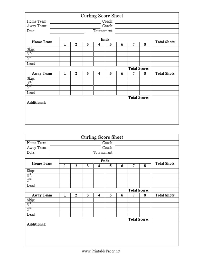 Curling Score Sheet: Ends Home Team 1 2 3 4 5 6 7 8 Total Shots | PDF
