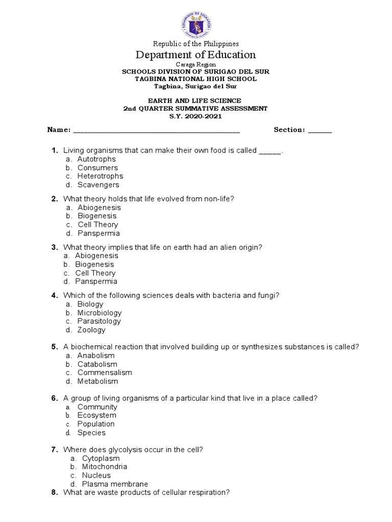 Earth and Life Science 2nd Quarter Summative Assessment | PDF ...