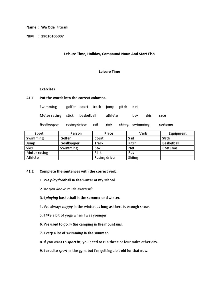 Assignment Pronoun Leisure Time, Holiday, Compaund Noun, Start Fish ...