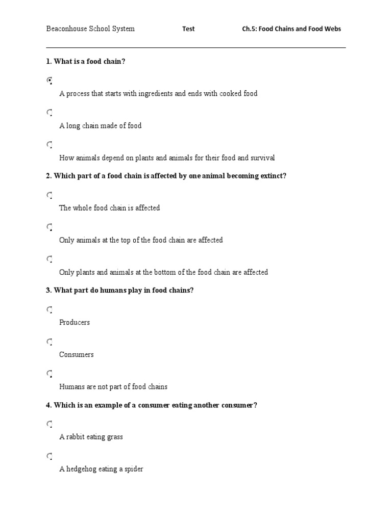 Food Chains MCQs | PDF