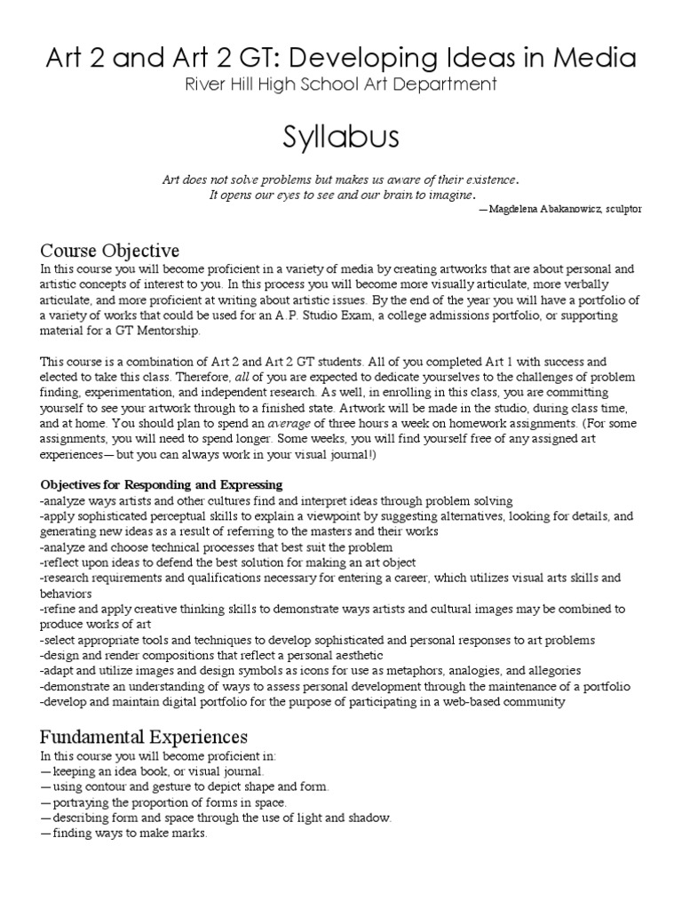 Art 2 & GT Syllabus: Media Exploration | PDF | Works Of Art | Homework