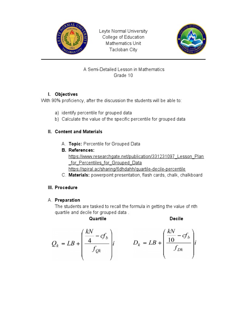 Lesson Plan on Percentiles for Grouped Data | PDF | Percentile | Quartile