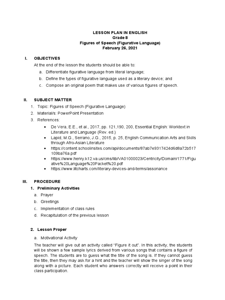 Lesson Plan For Grade 8 (Figurative Language) | PDF | Poetry | Lesson Plan