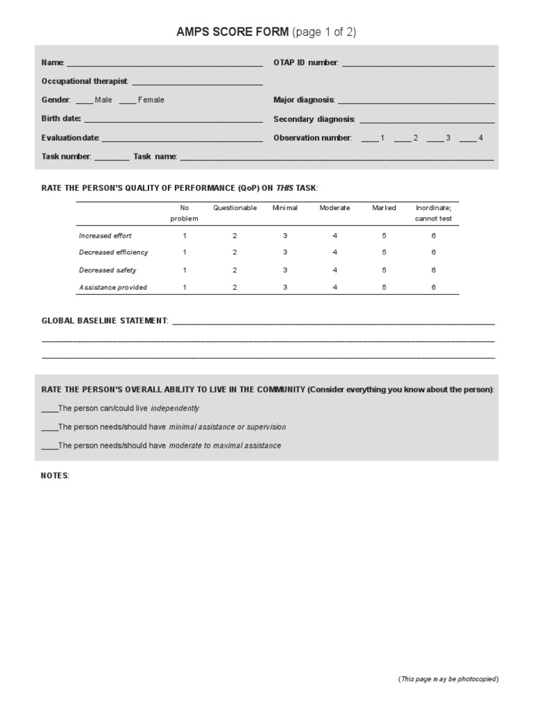AMPS SCORE FORM (Page 1 of 2) : Increased Effort Decreased Efficiency ...