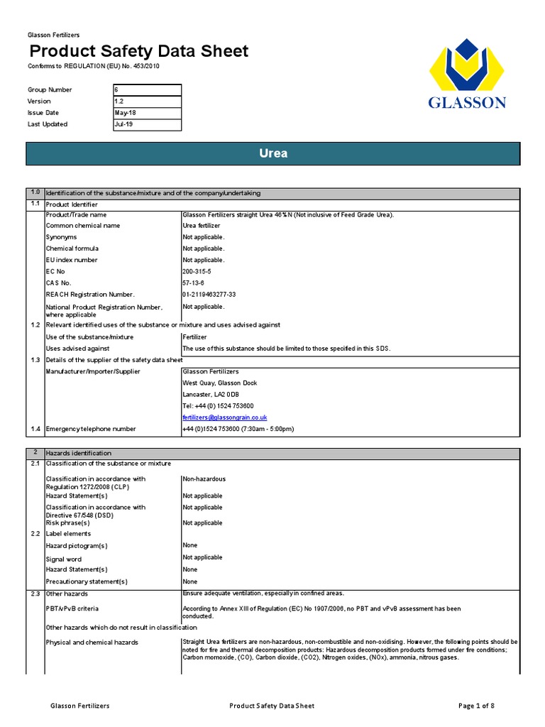 Glasson Urea Fertilizer Safety Sheet | PDF | Fires | Toxicity