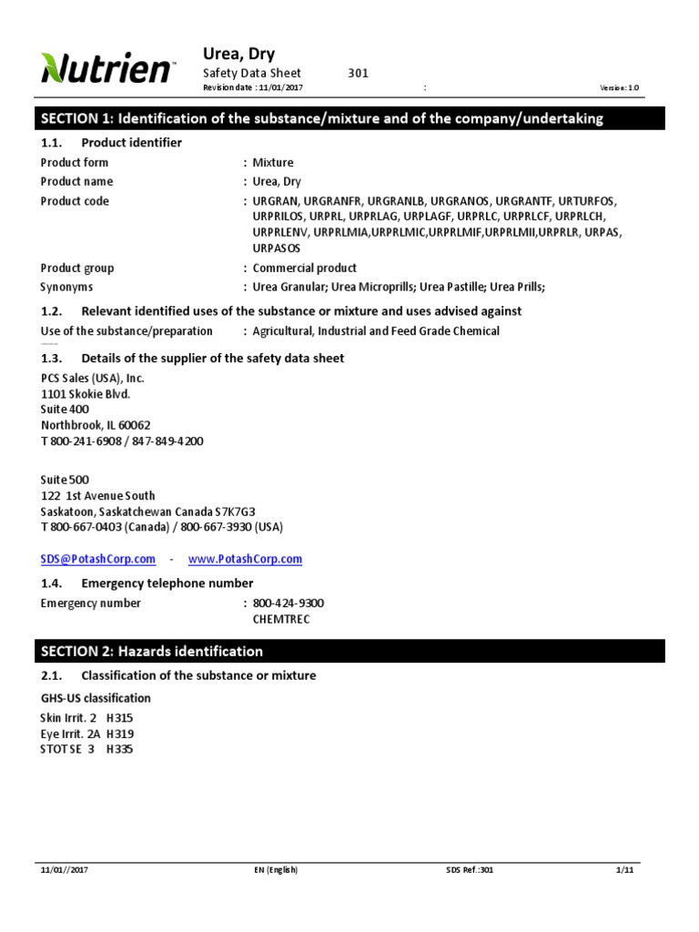 SDS 301 Urea, Dry NA 11012017 (Nutrien) | PDF | Toxicity | Personal ...