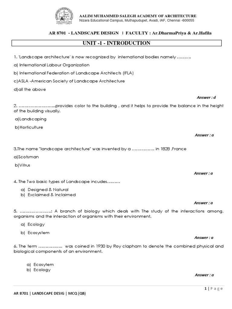 Question Bank - MCQ - Landscape | PDF | Gardens | Landscape