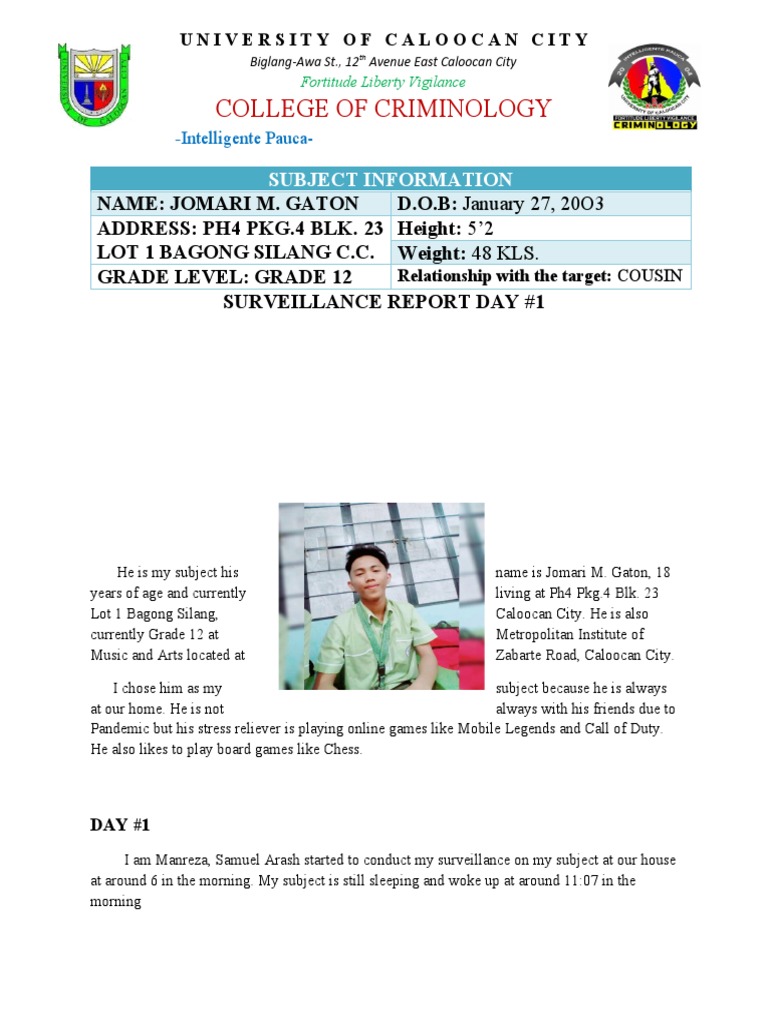 Surveillance Report on Jomari Gaton | PDF