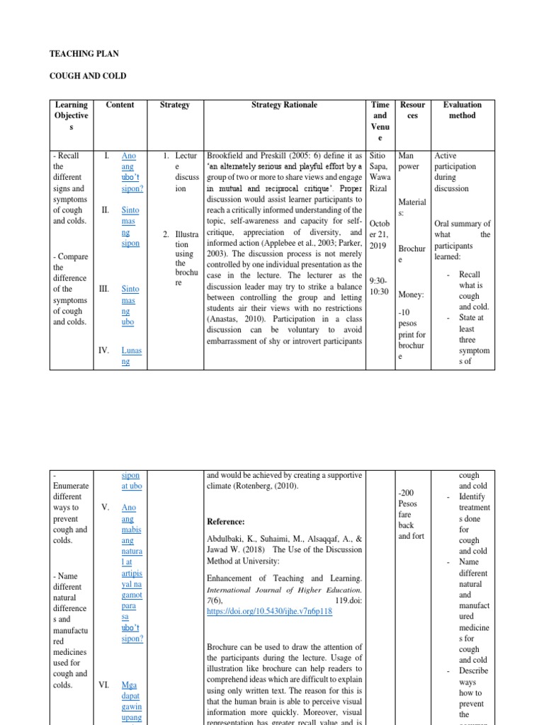 Cough and Cold Health Teaching Plan | PDF | Psychological Concepts ...