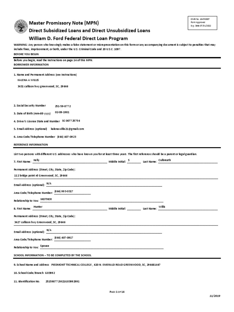 Master Promissory Note for Direct Subsidized and Unsubsidized Student ...