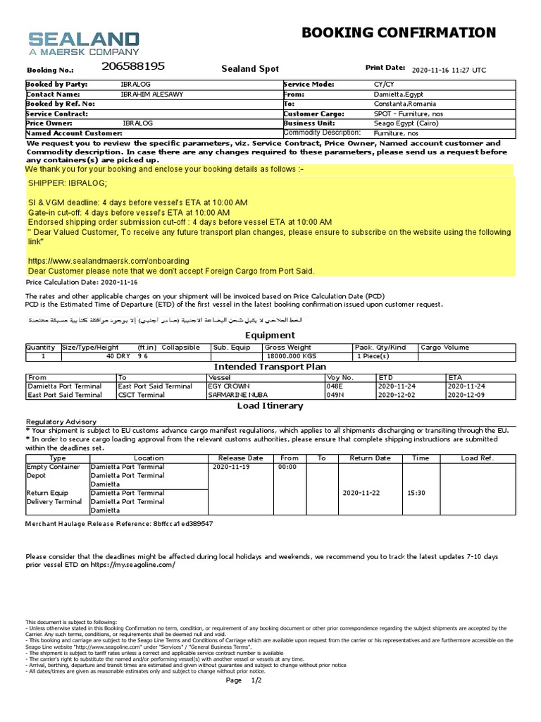 Booking Confirmation: Sealand Spot | PDF | Cargo | Transport