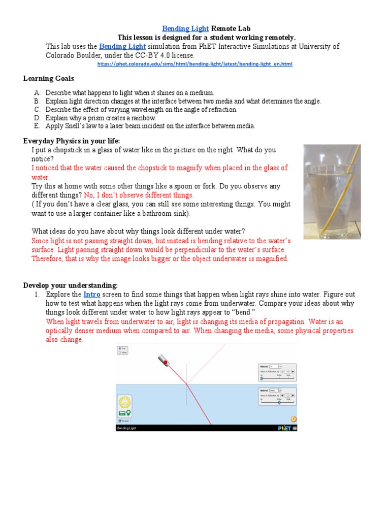 Bending Light Remote Lab Guide | PDF | Refraction | Light