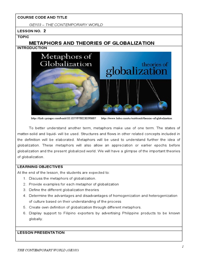 Metaphors and Theories of Globalization: Ge103 - The Contemporary World ...