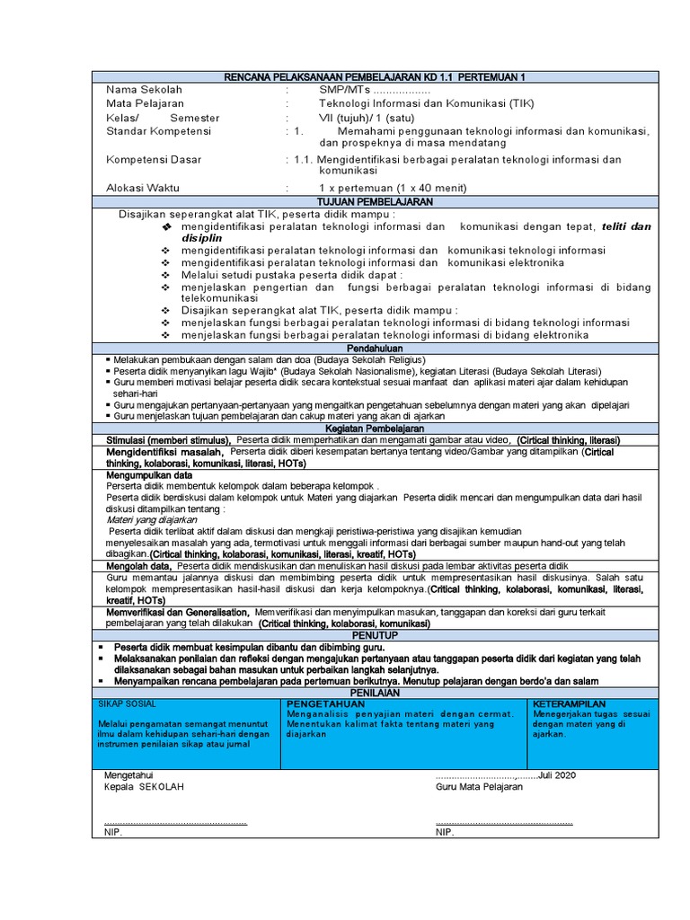RPP Tik KLS 7 Mode Luring | PDF | Karier & Perkembangan | Komputer