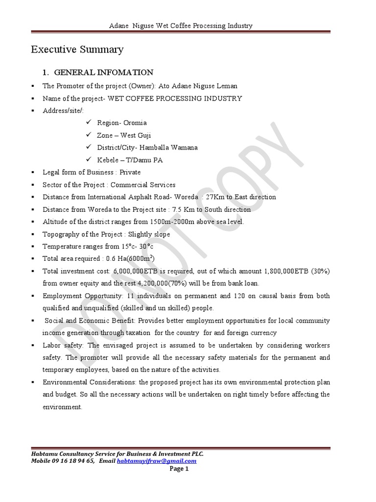 Business Plan Wet Coffee Adane Niguse | PDF | Coffee | Cost Of Capital