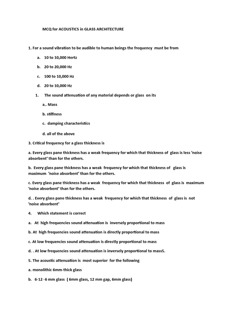 MCQ For Acoustics Glass Architecture | PDF | Sound | Frequency