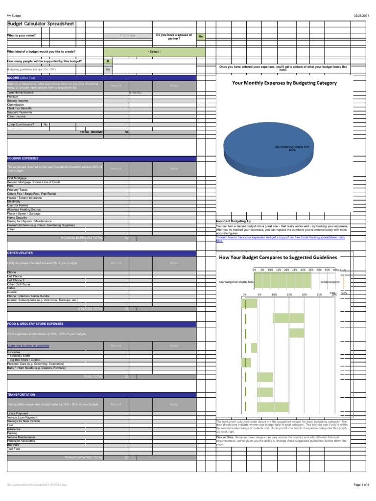 Budgeting Calculator Spreadsheet With Guidelines Ver 1 61 | PDF ...