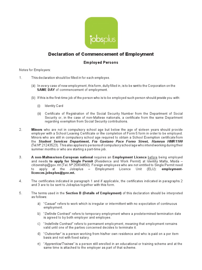 Declaration of Employment Commencement | PDF | Information Privacy ...