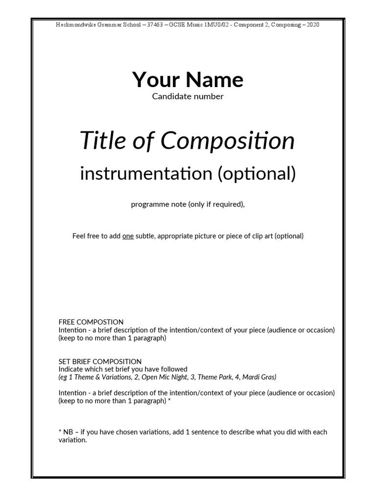 GCSE Music Composition Cover Template | PDF | Piano | Musical Compositions