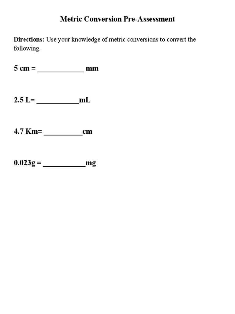 Metric Conversion Pre-Assessment | PDF