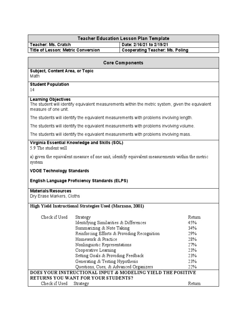 Metric Conversion Lesson Plan | PDF | Lesson Plan | Neuropsychological ...