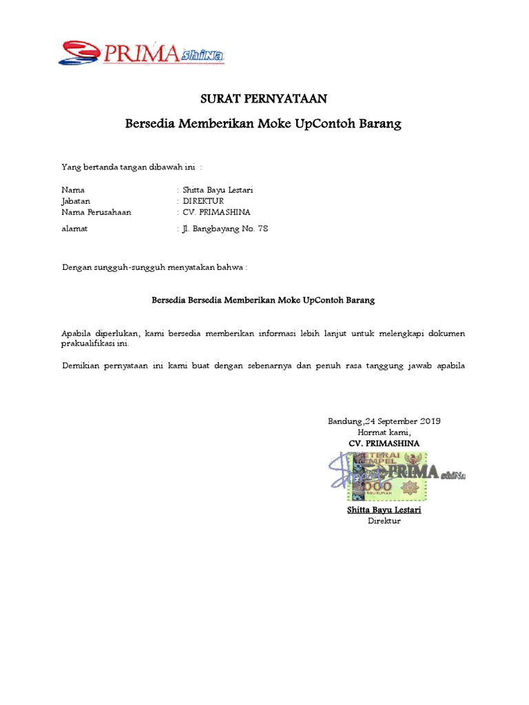 Surat Pernyataan Mockap (Sample) | PDF