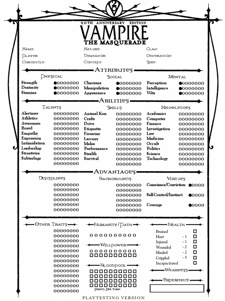 Vampire The Masquerade 20th Anniversary Edition Playtesting Sheet | PDF ...