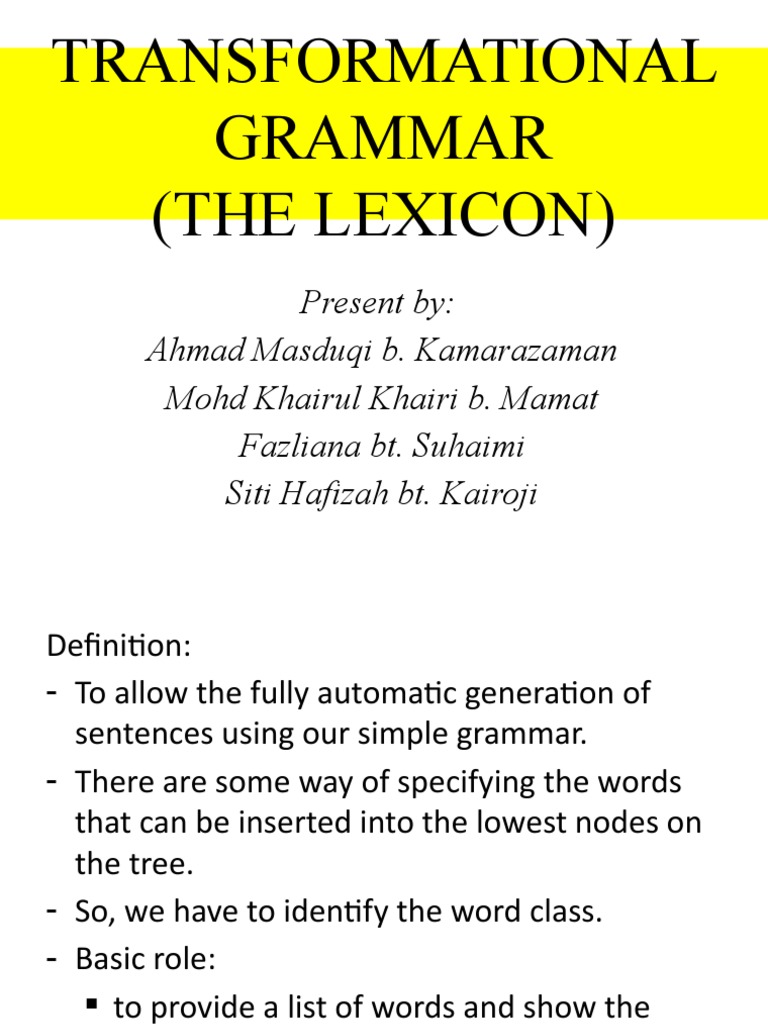 Transformational Grammar (The Lexicon) | PDF