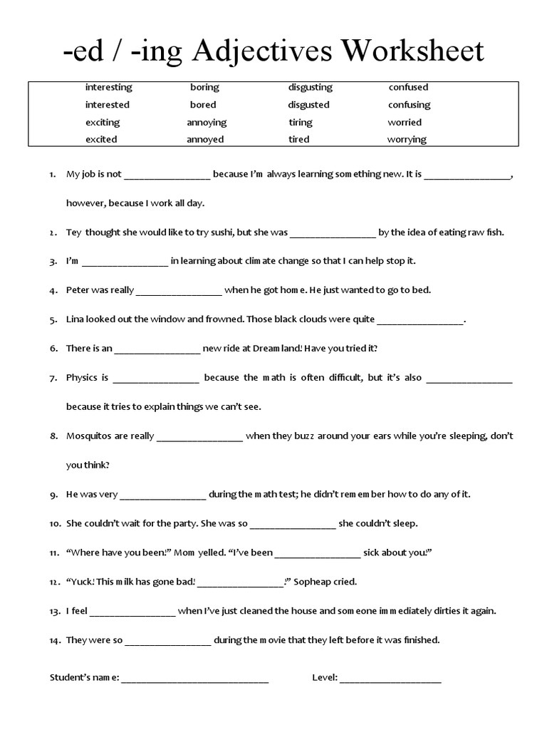 Ed / - Ing Adjectives Worksheet | PDF