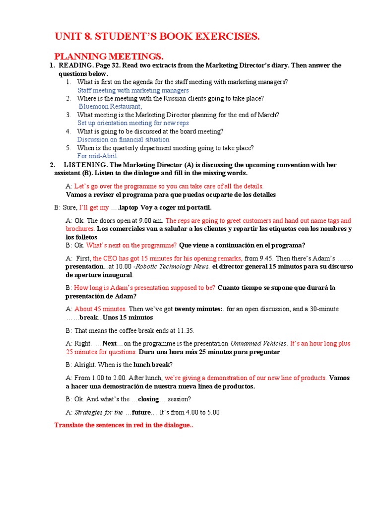 Unit 8. Student'S Book Exercises.: Planning Meetings | PDF ...