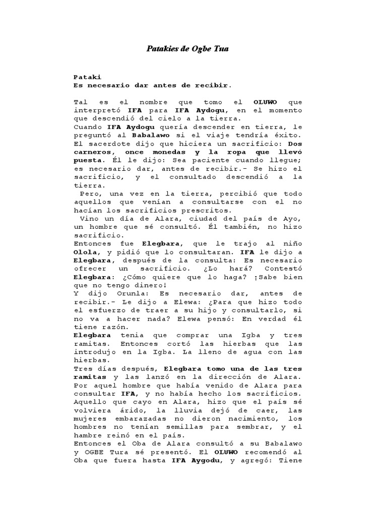 Patakies de Ogbe Tua | PDF | Santeria | Religión y creencia